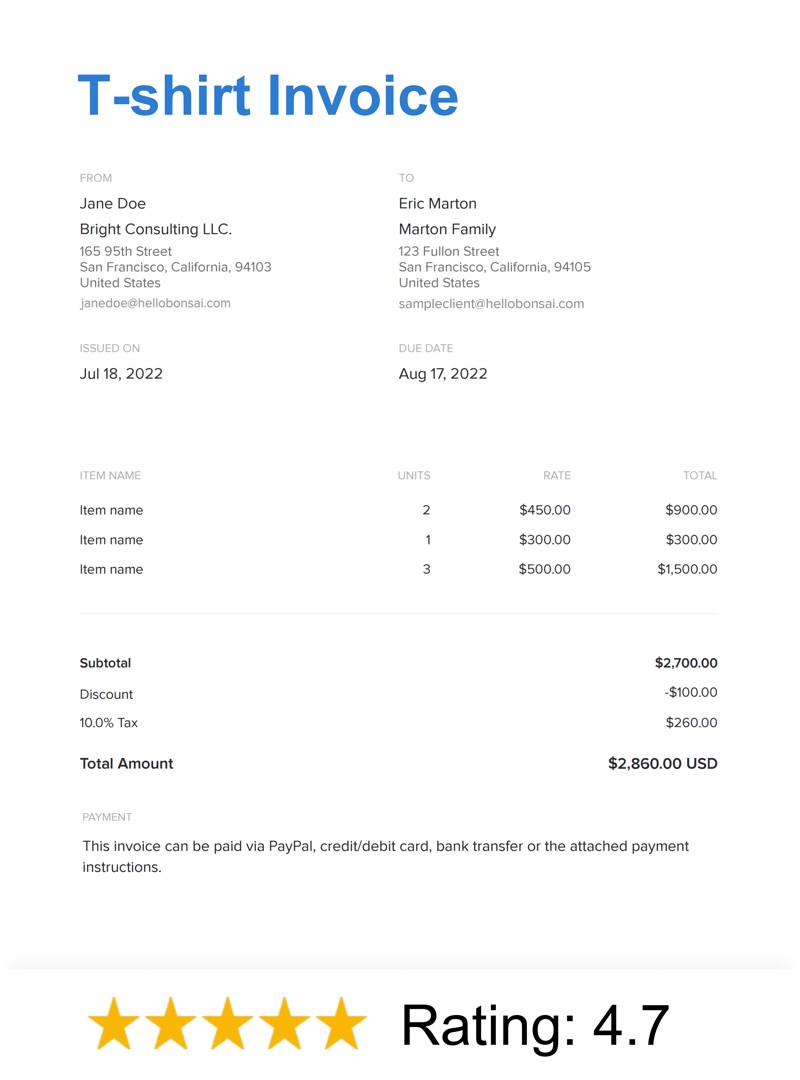 T shirt Invoice Template FREE 2022 Updated Bonsai