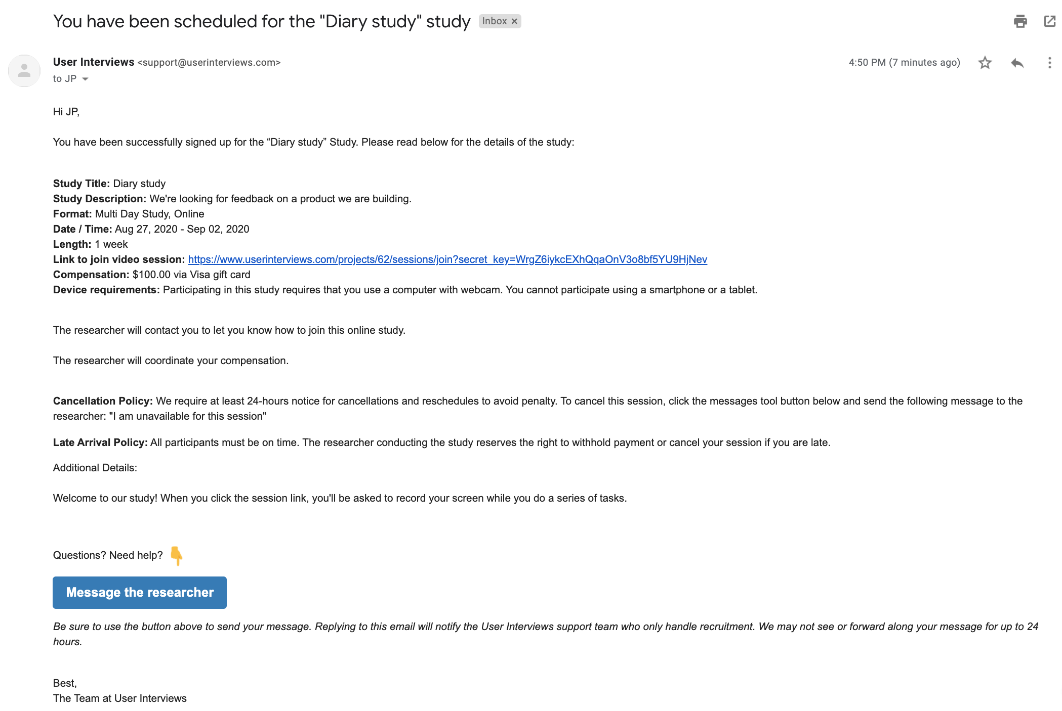 What is a participant's experience in a Recruit project? | User Interviews
