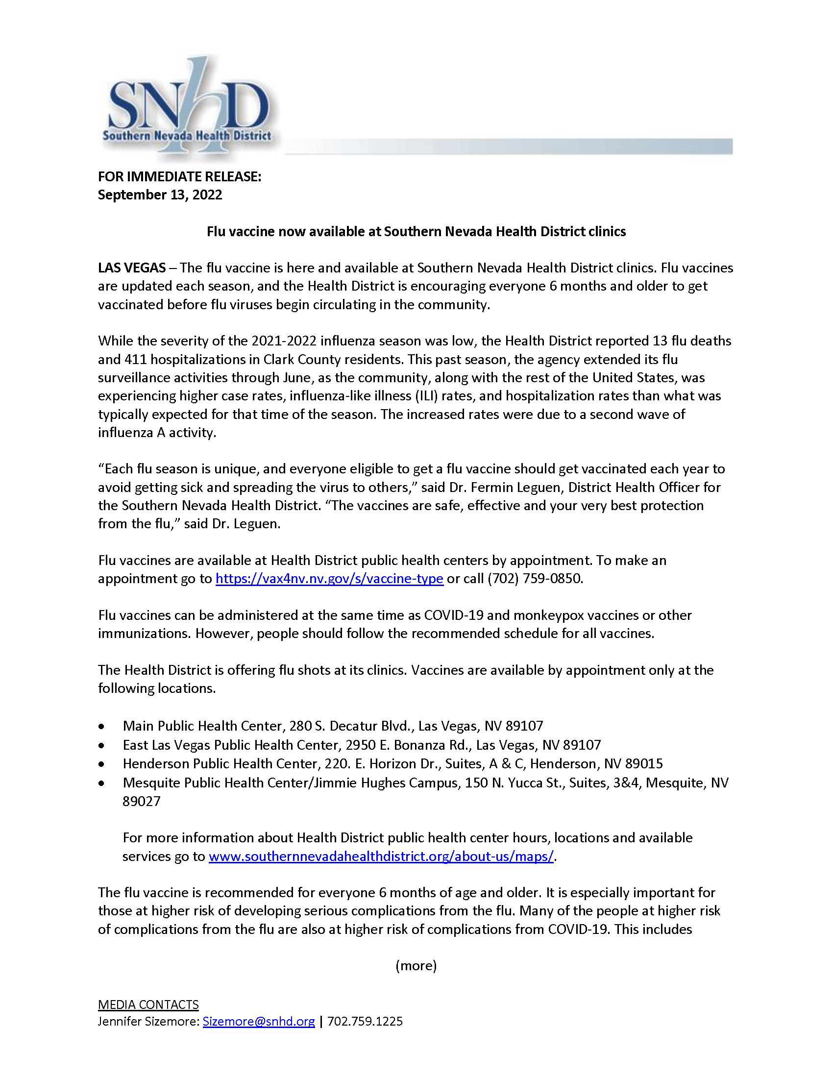 SNHD - Flu vaccine now available