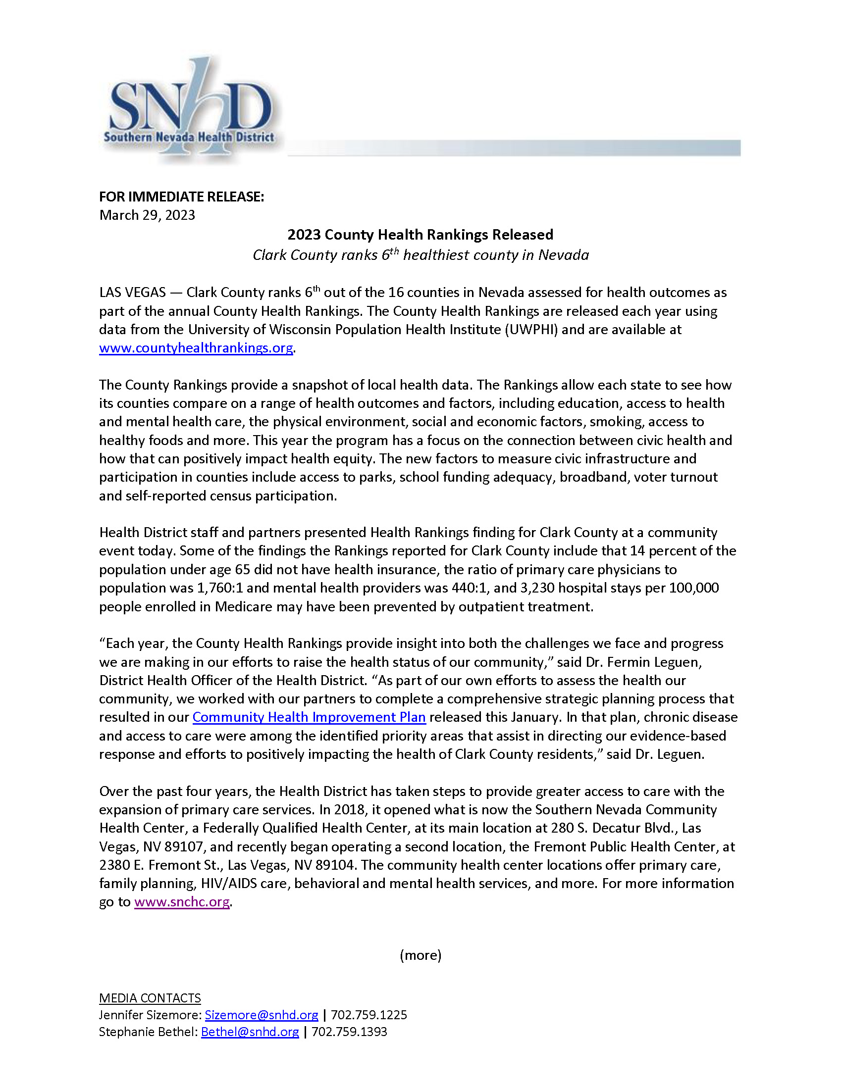 SNHD - 2023 County Health Rankings Released