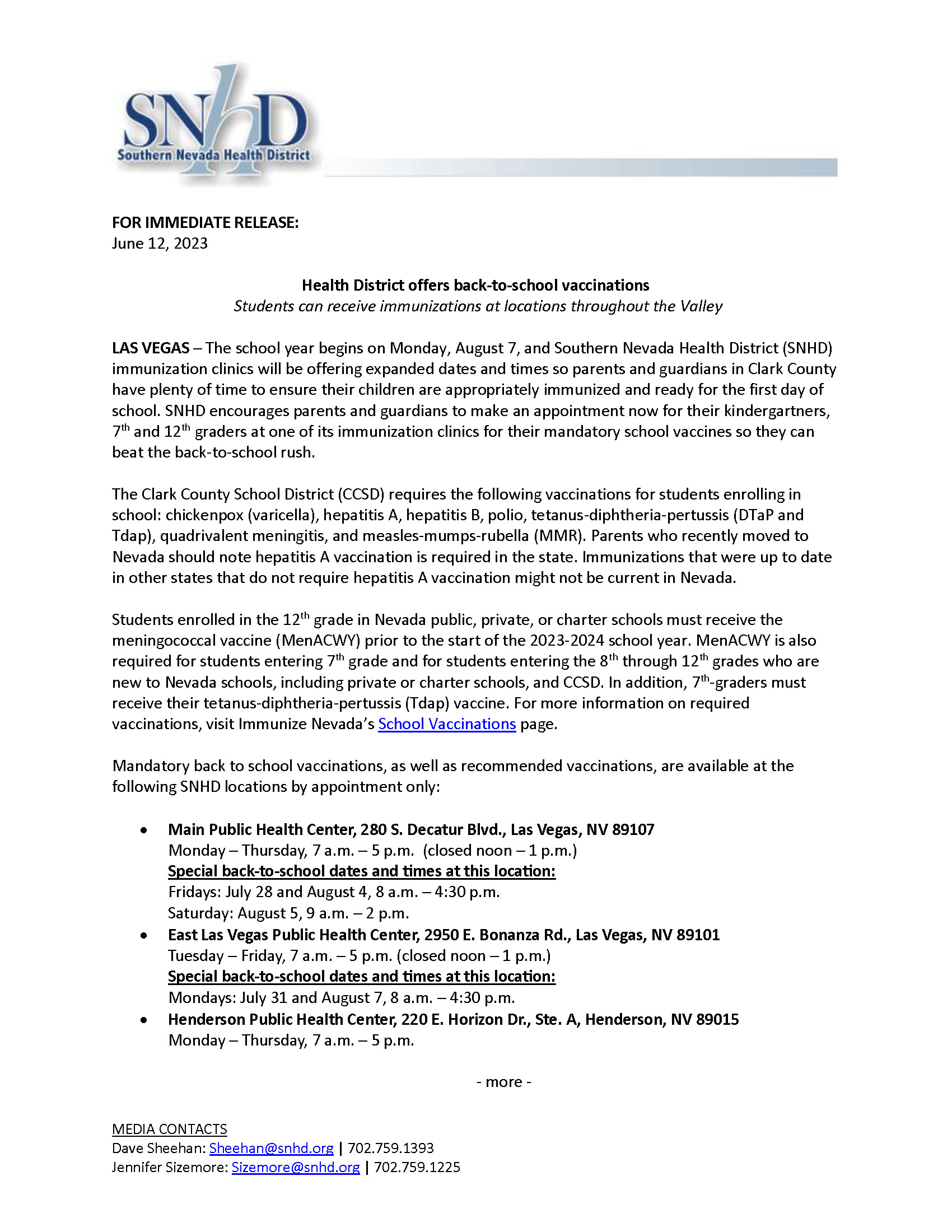 SNHD - Press Release - Back to School Vaccinations