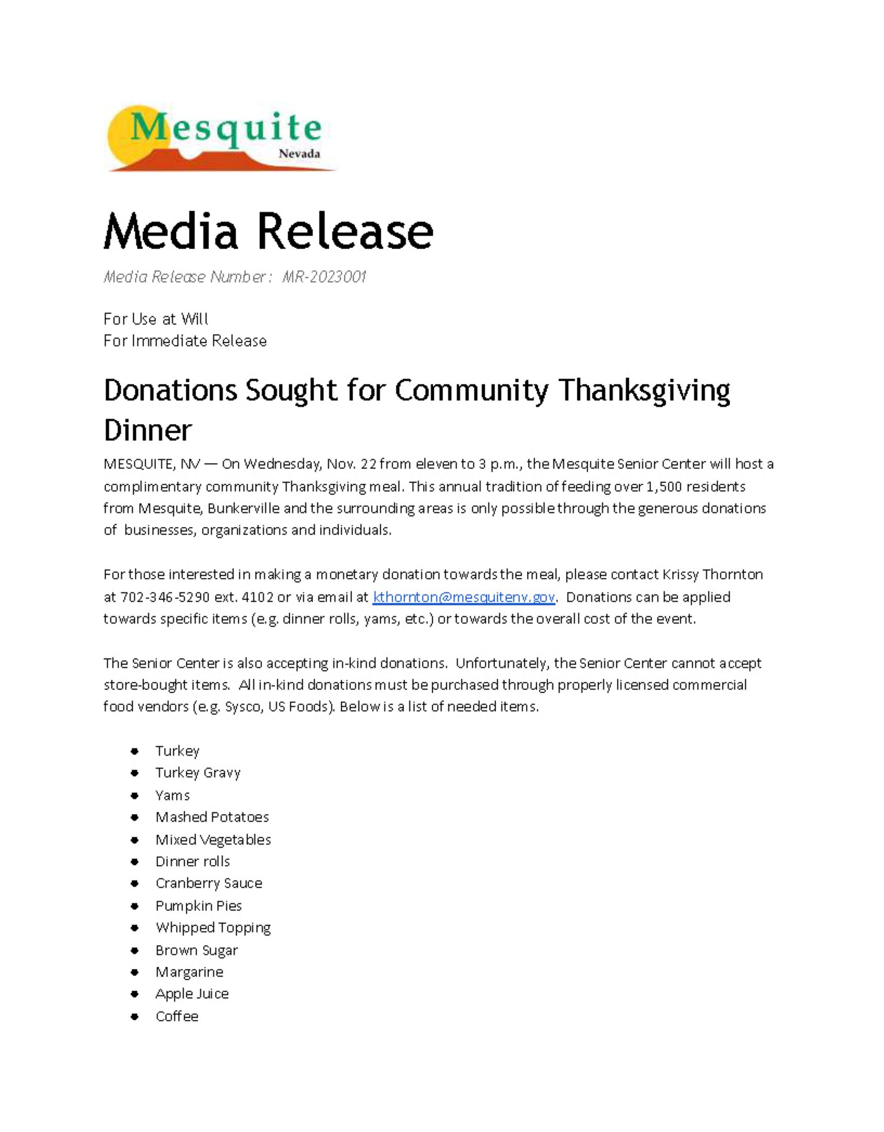 Community Thanksgiving Dinner - Donations Sought