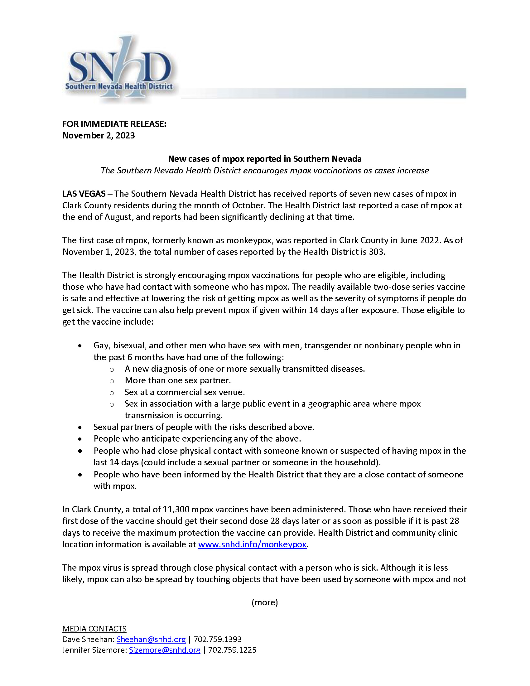 SNHD - Press Release - November 2, 2023