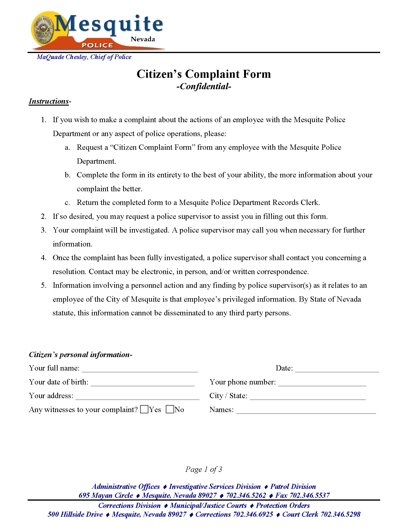 Citizen's Complaint Form