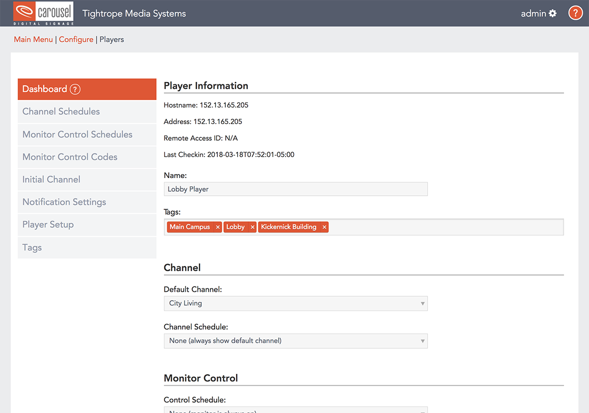 Carousel Digital Signage - Player Management : Player Tags