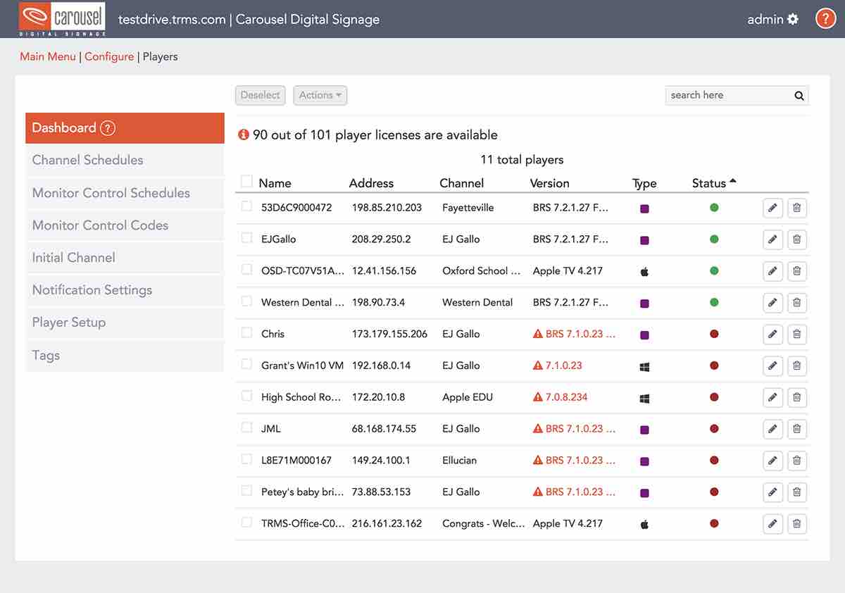 Carousel Digital Signage - Player Management : Player Dashboard