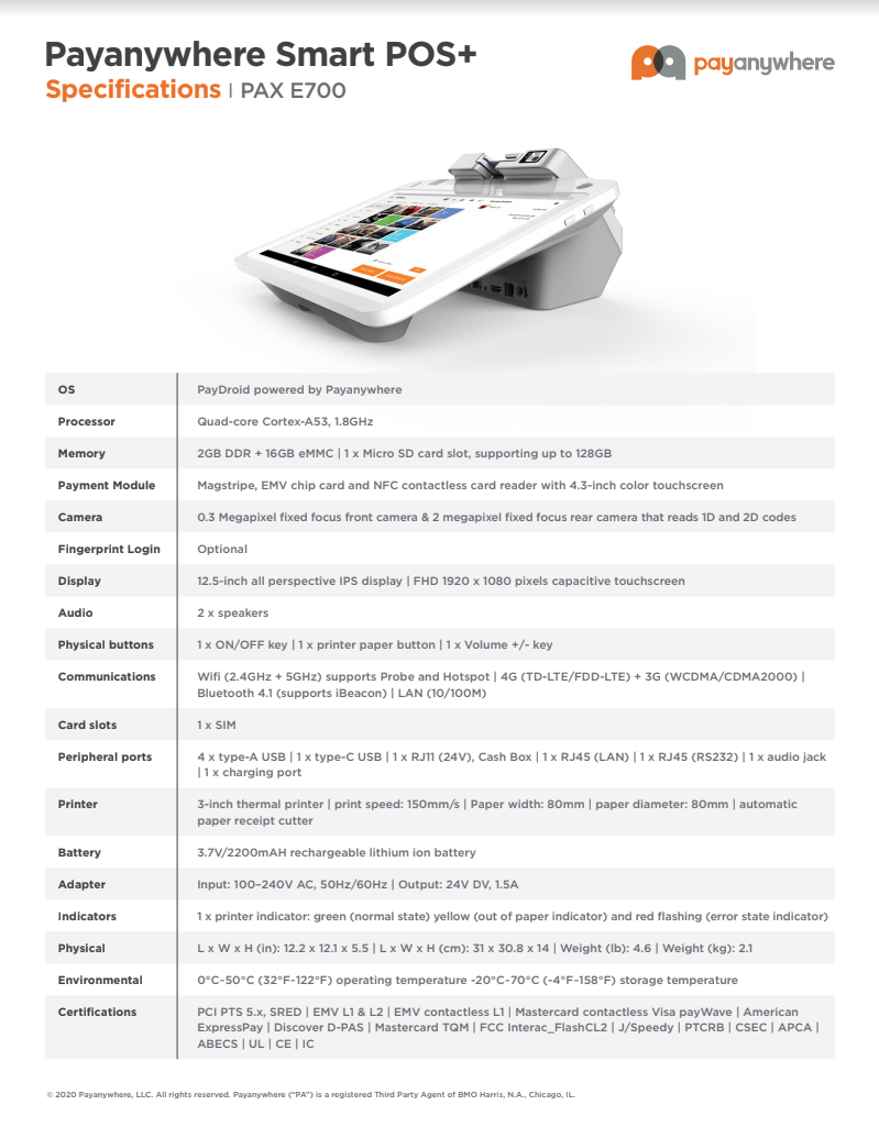 Payanywhere Smart POS+ Specs