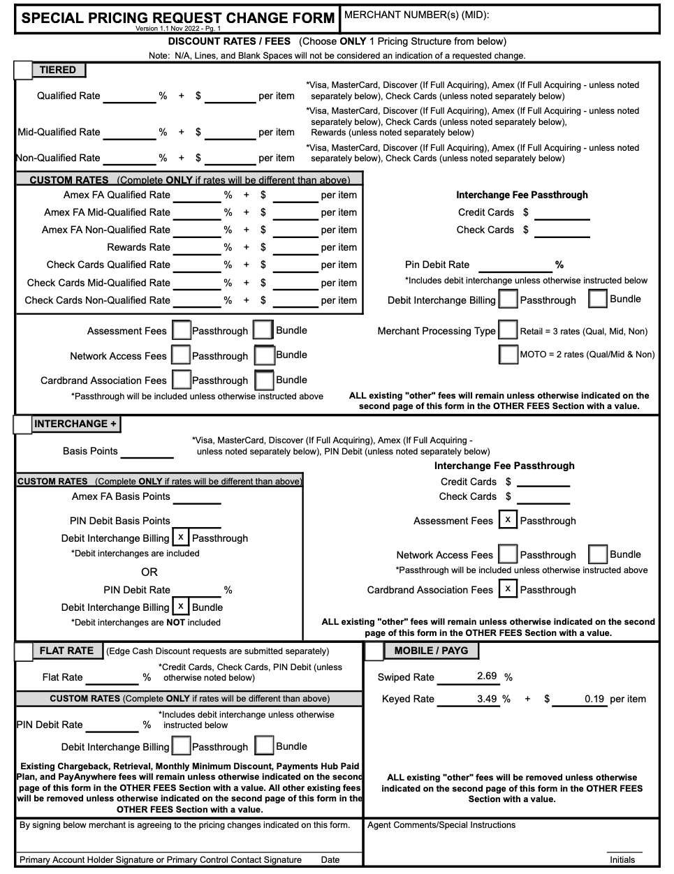 Special Pricing Change Form