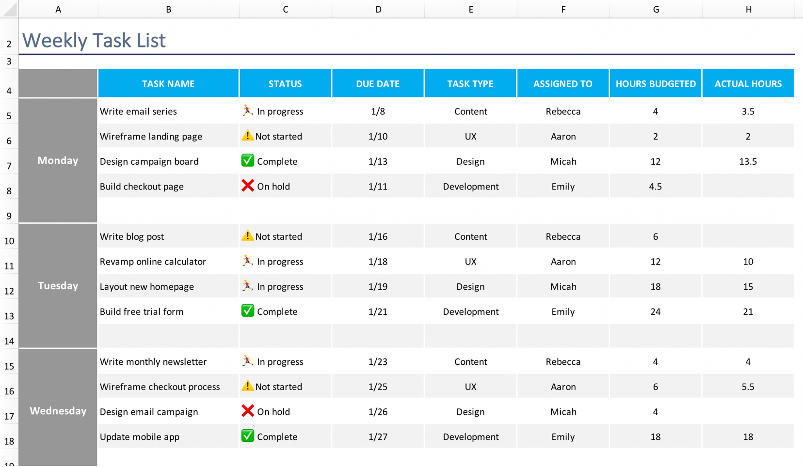 Project Task List Template Excel Free