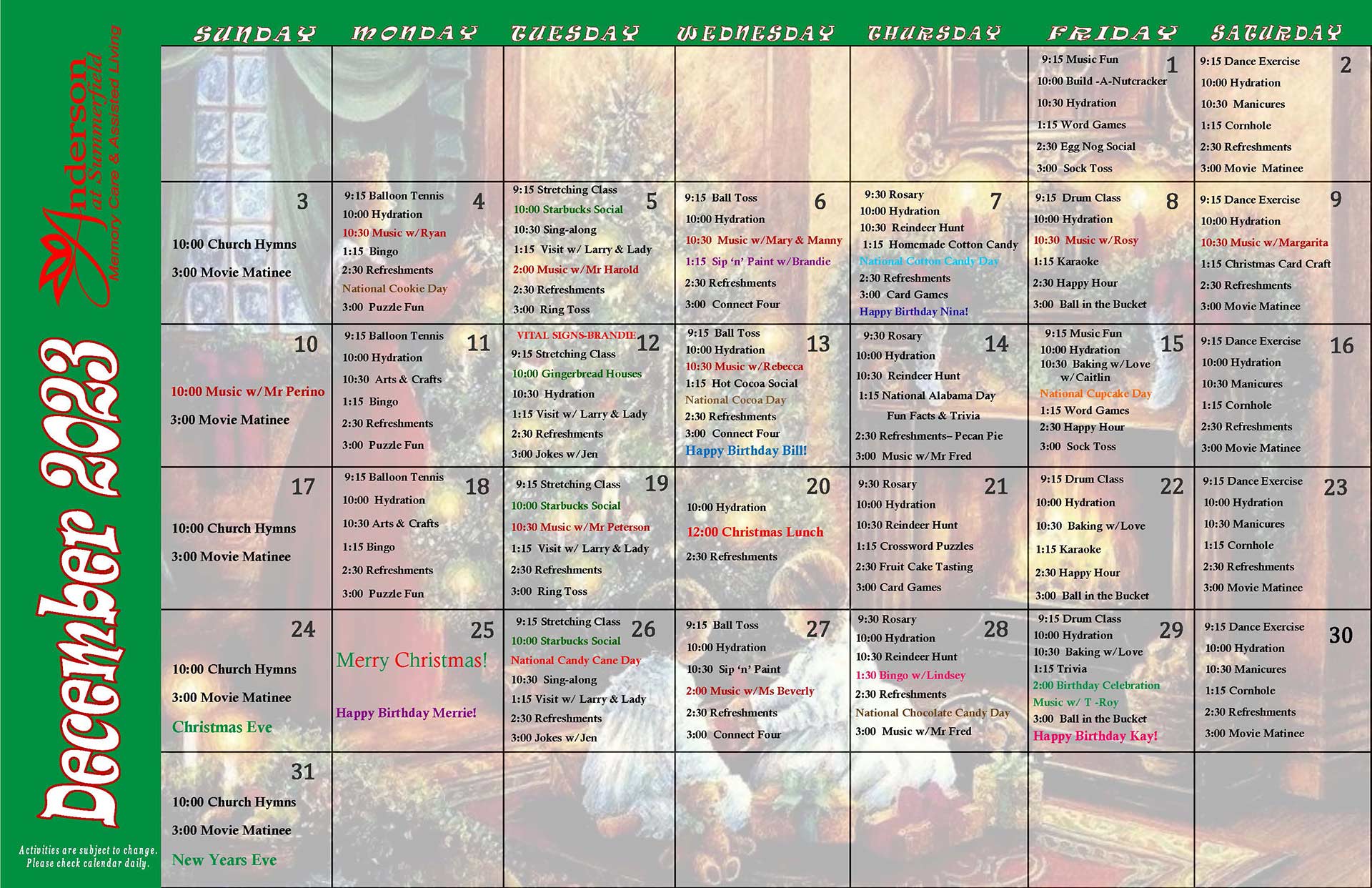 Summerfield Blog | Anderson Memory Care December Calendar of Events