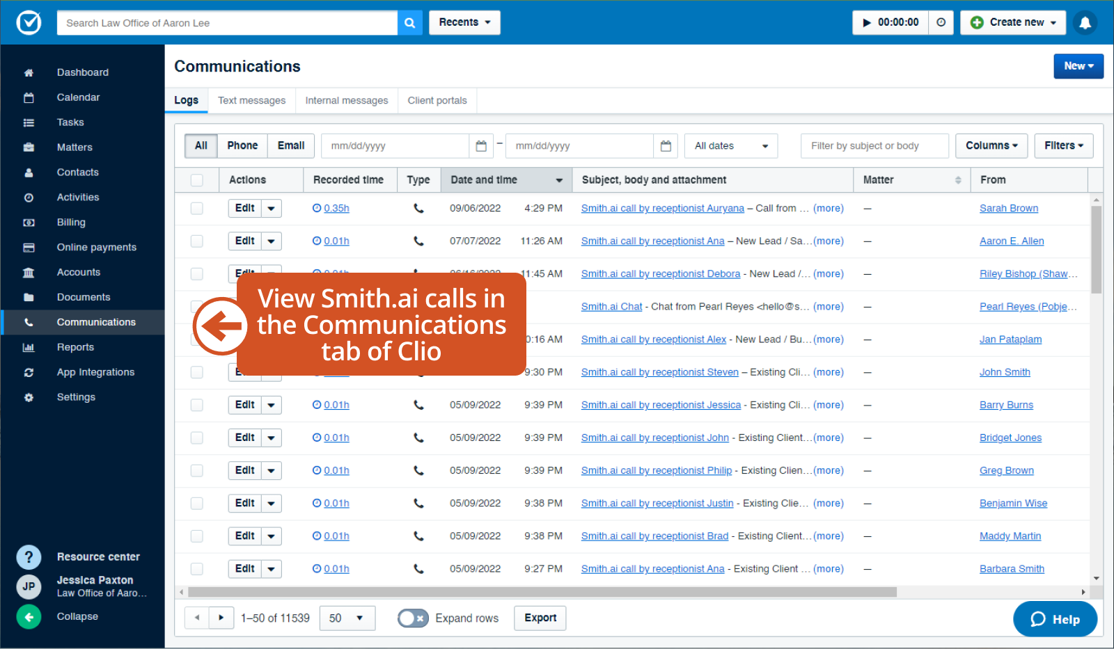 Clio + Smith.ai | See All Call & Chat Details