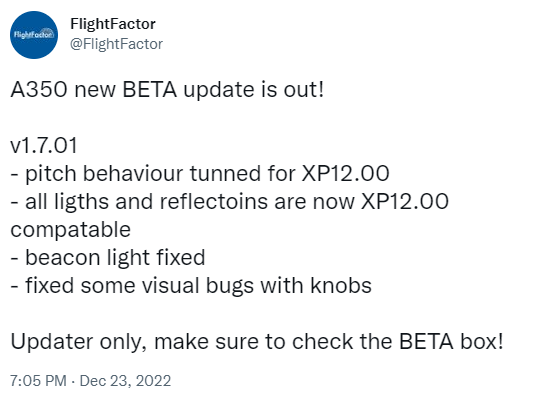 FlightFactor Releases A350 Beta Update for X-Plane 12 - Threshold