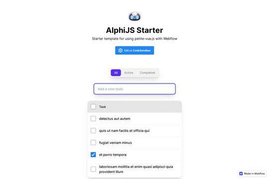 Webflow Showcased AlphiJS Todo List Example Vue APIs 