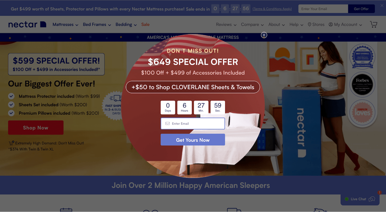 Nectar Sleep Shopping Deals Popup Example | ConvertFlow