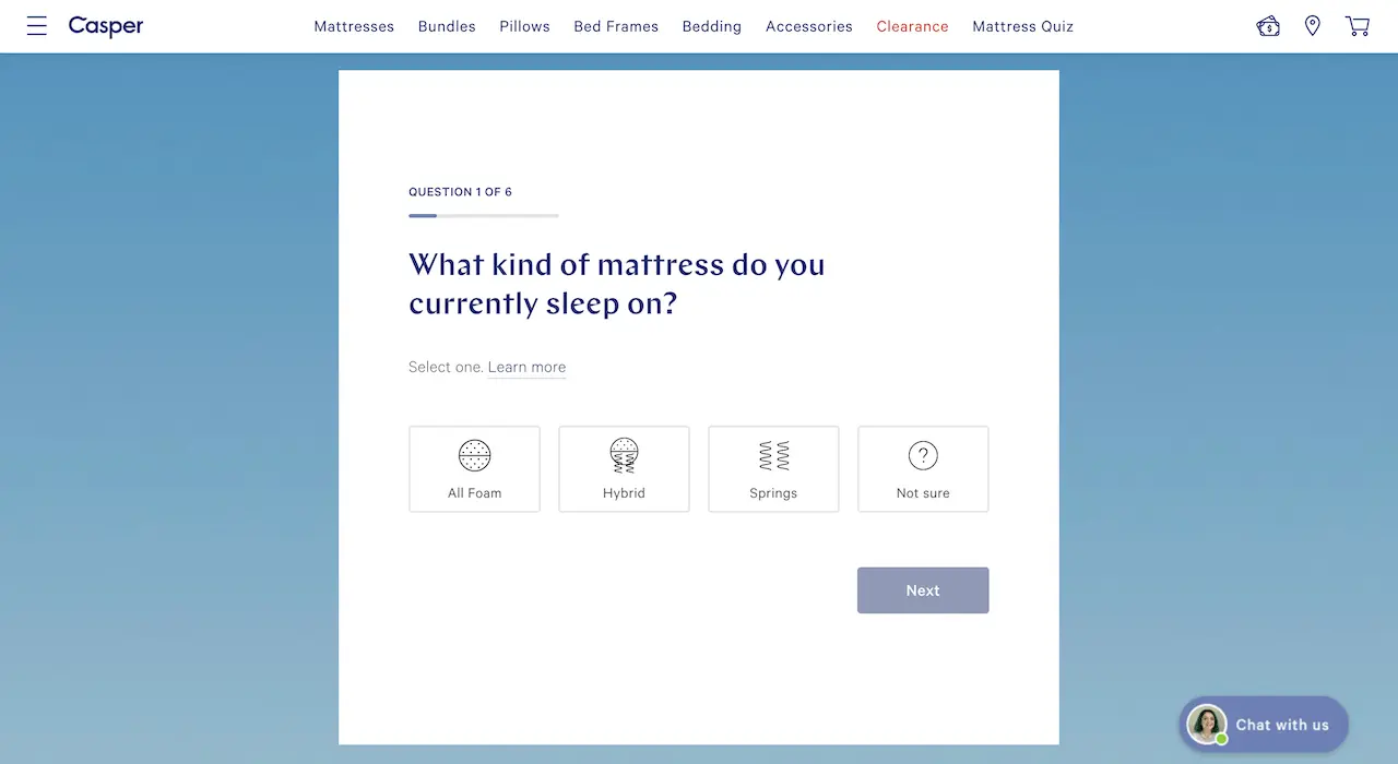 Casper Mattress Product Quiz Example | ConvertFlow