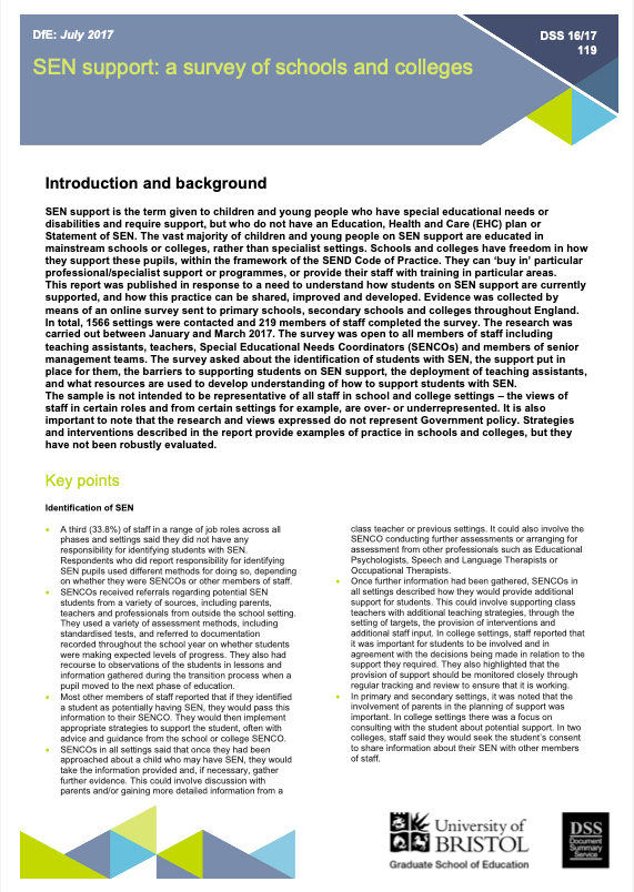 SEN support: a survey of schools and colleges