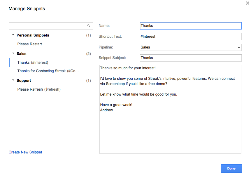 Snippets | Streak - CRM for Gmail