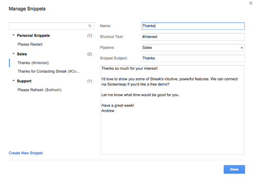 Snippets | Streak - CRM for Gmail