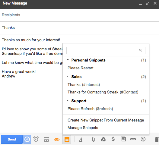 Snippets | Streak - CRM for Gmail