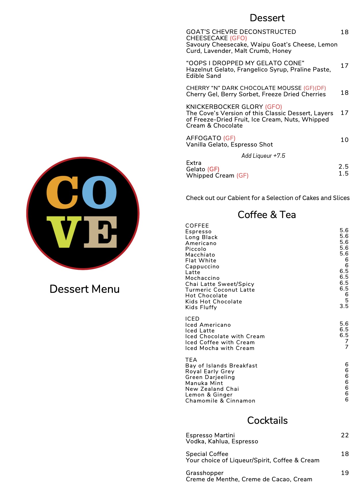Cove Menus | The Cove Cafe, Restaurant & Bar Waipu