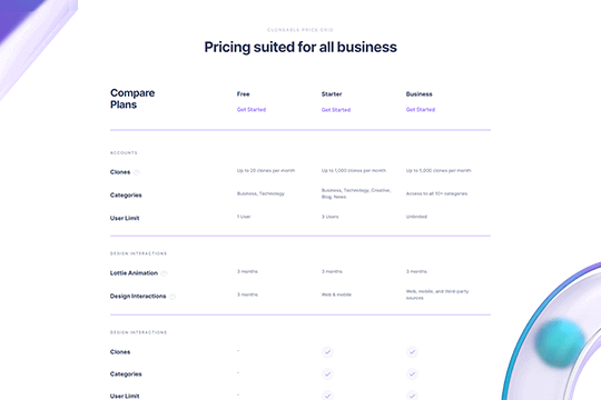 Light Pricing Grid by Flowbase | Flowbase
