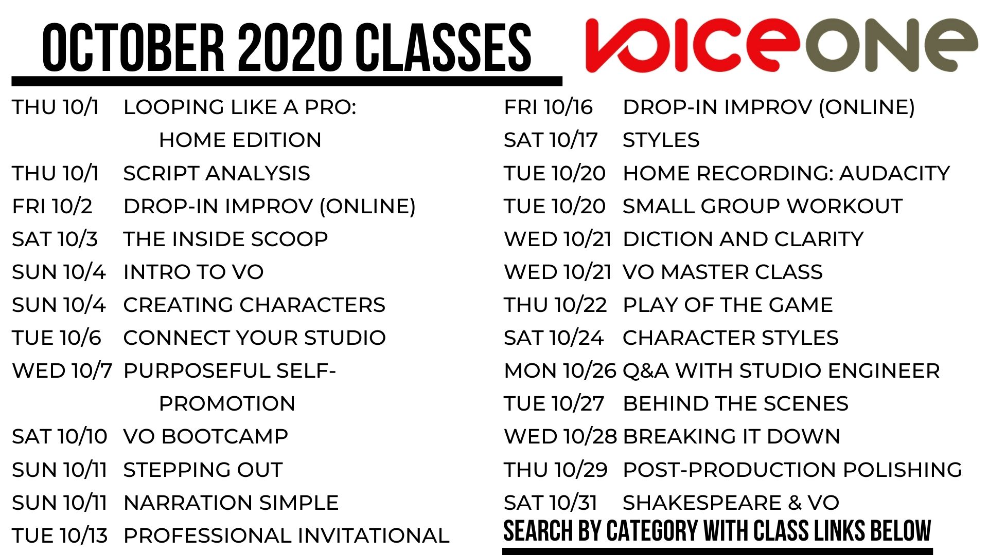 October 2020 Classes Calendar