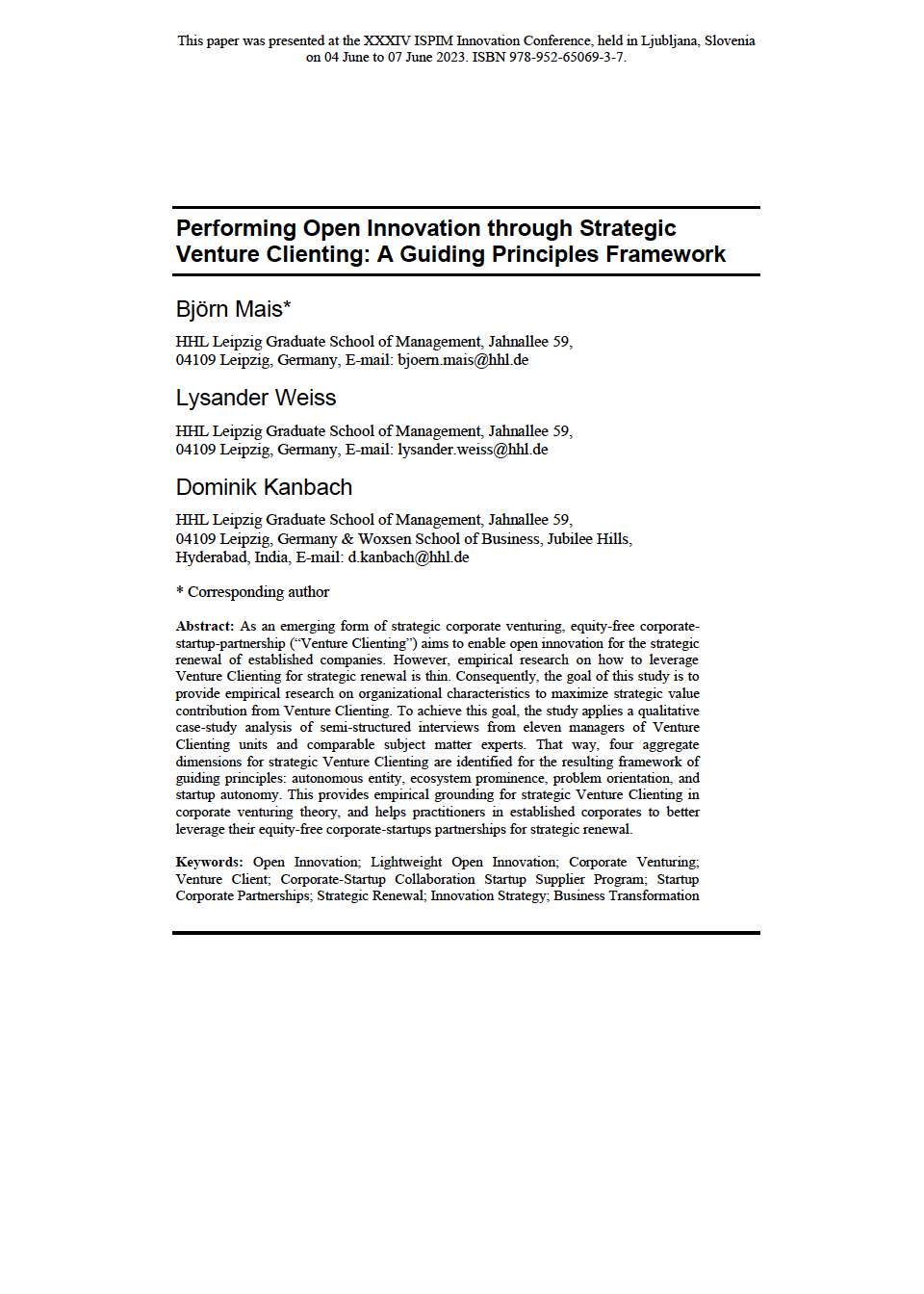 Performing Open Innovation through Strategic Venture Clienting: A ...