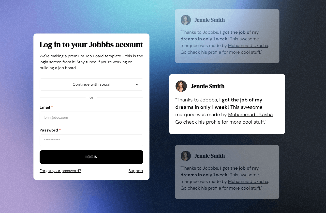 Login Page w/ GSAP Marquee Testimonials | Free Webflow Component