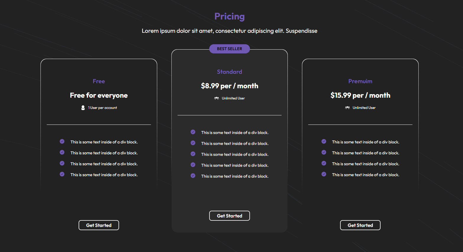 Dark Theme Pricing Table | Free Webflow Component