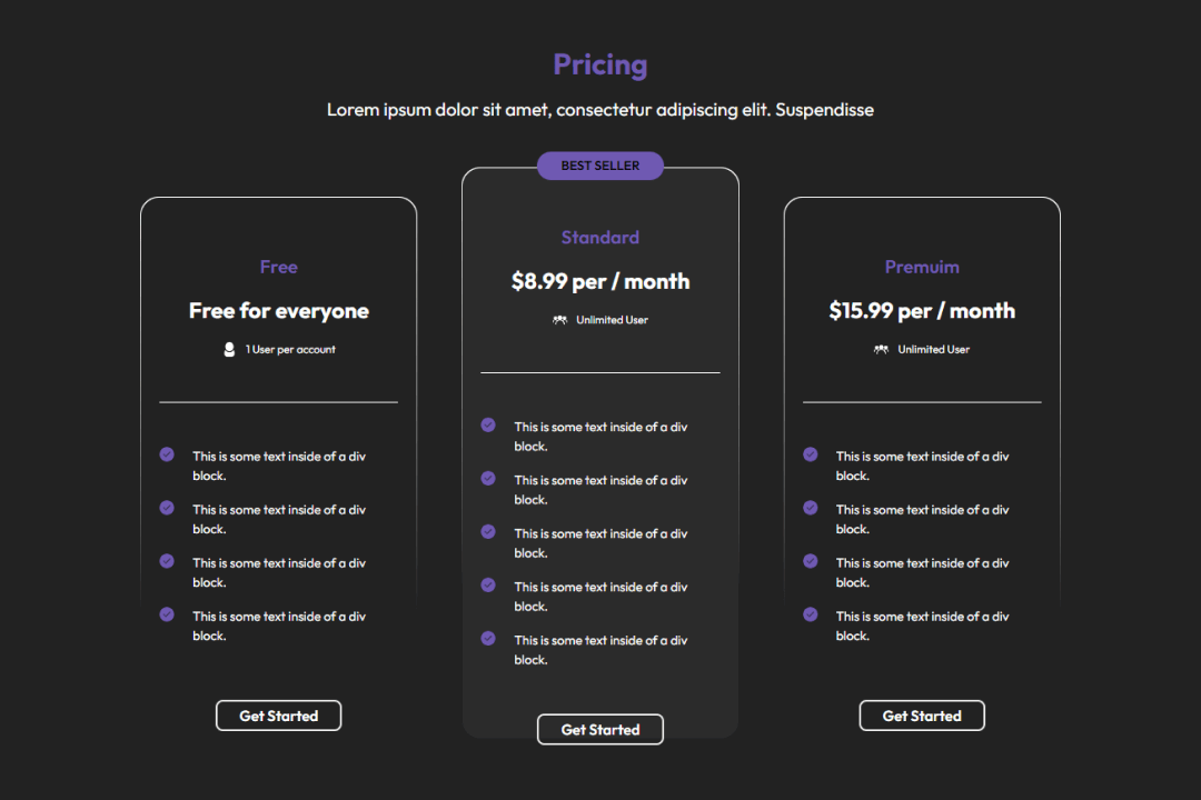 Dark Theme Pricing Table | Free Webflow Component