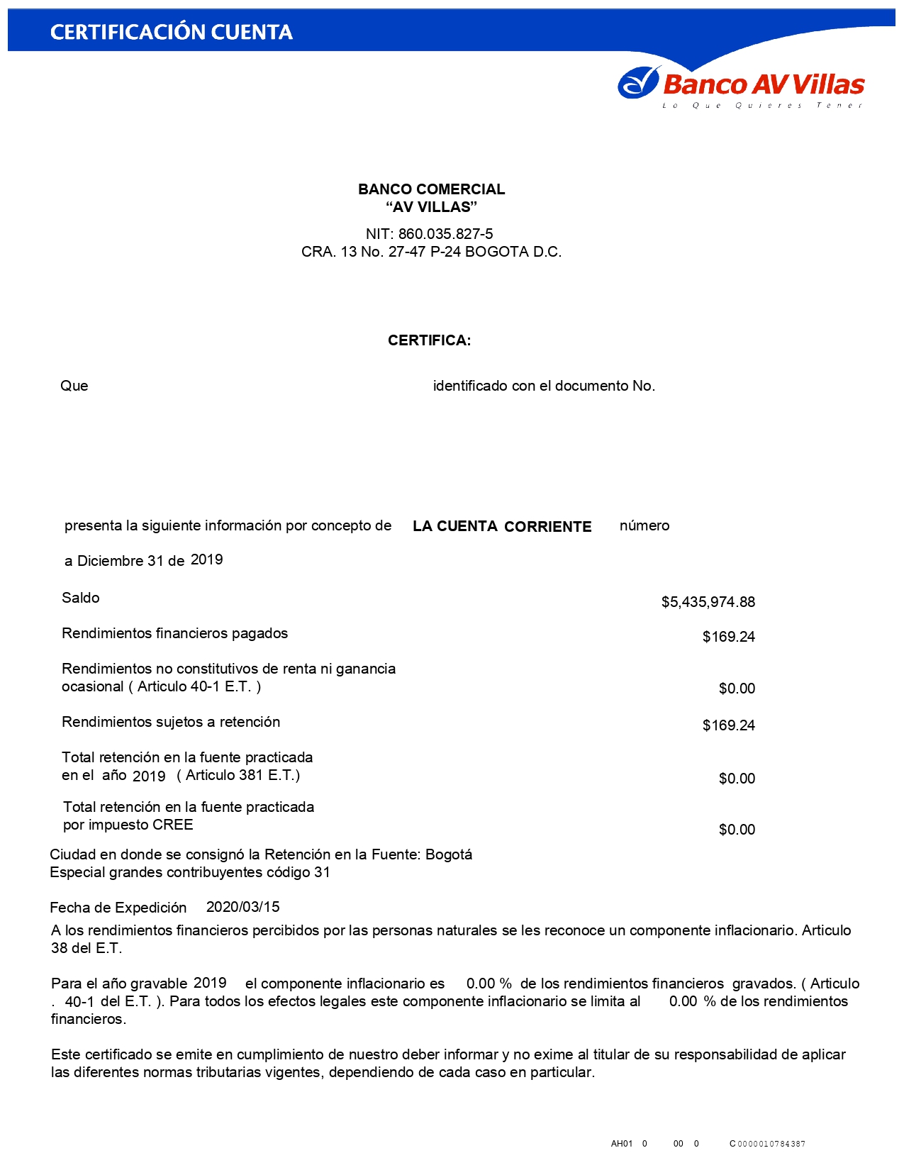 Banco Av Villas - Certificación cuenta corriente