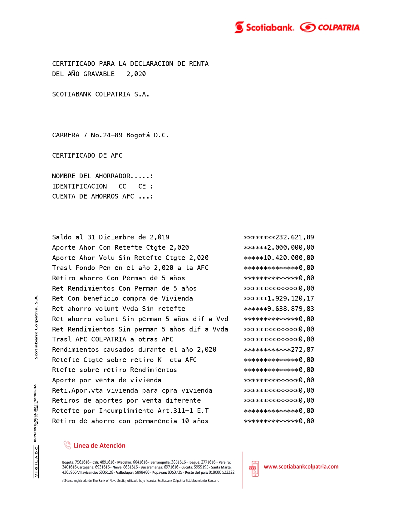 Certificado de AFC del Scotiabank Colpatria | Tributi