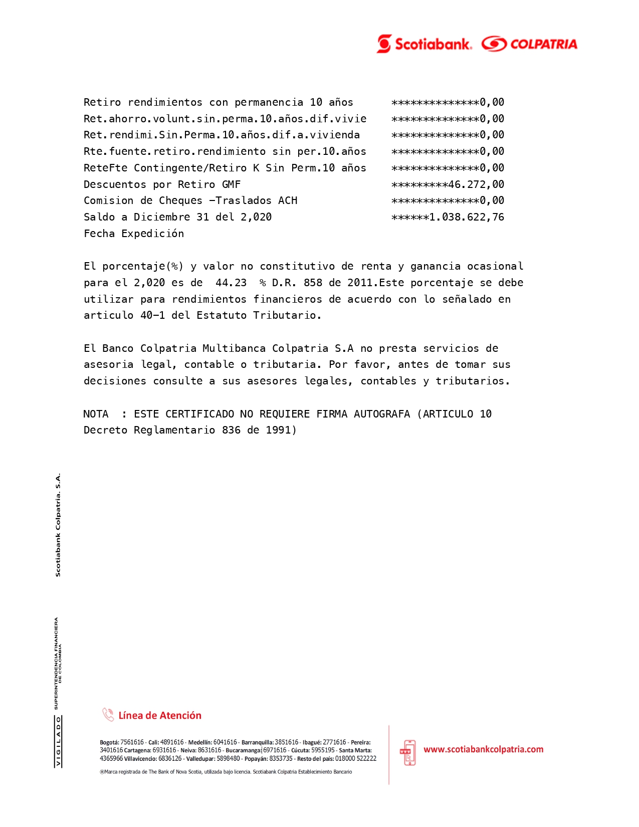 Certificado de AFC del Scotiabank Colpatria | Tributi