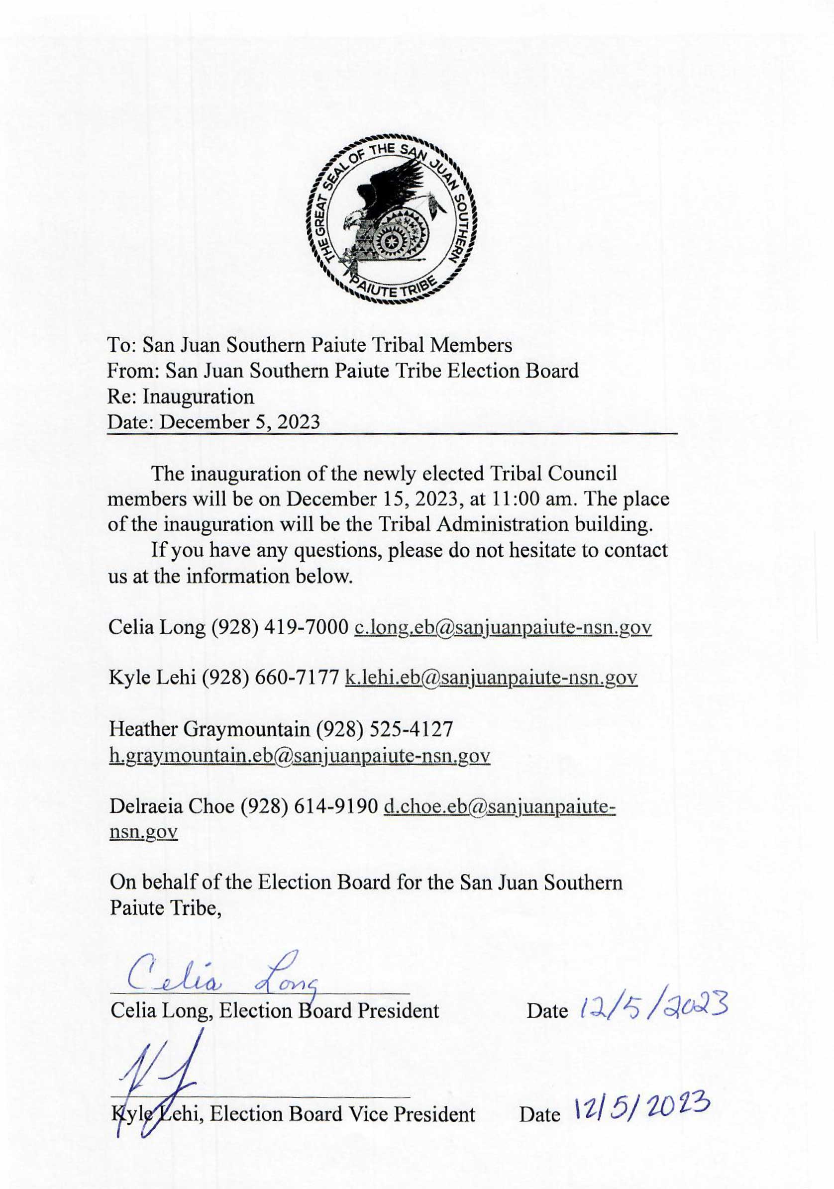 NOTICE OF INAGURATION | San Juan Southern Paiute Tribe