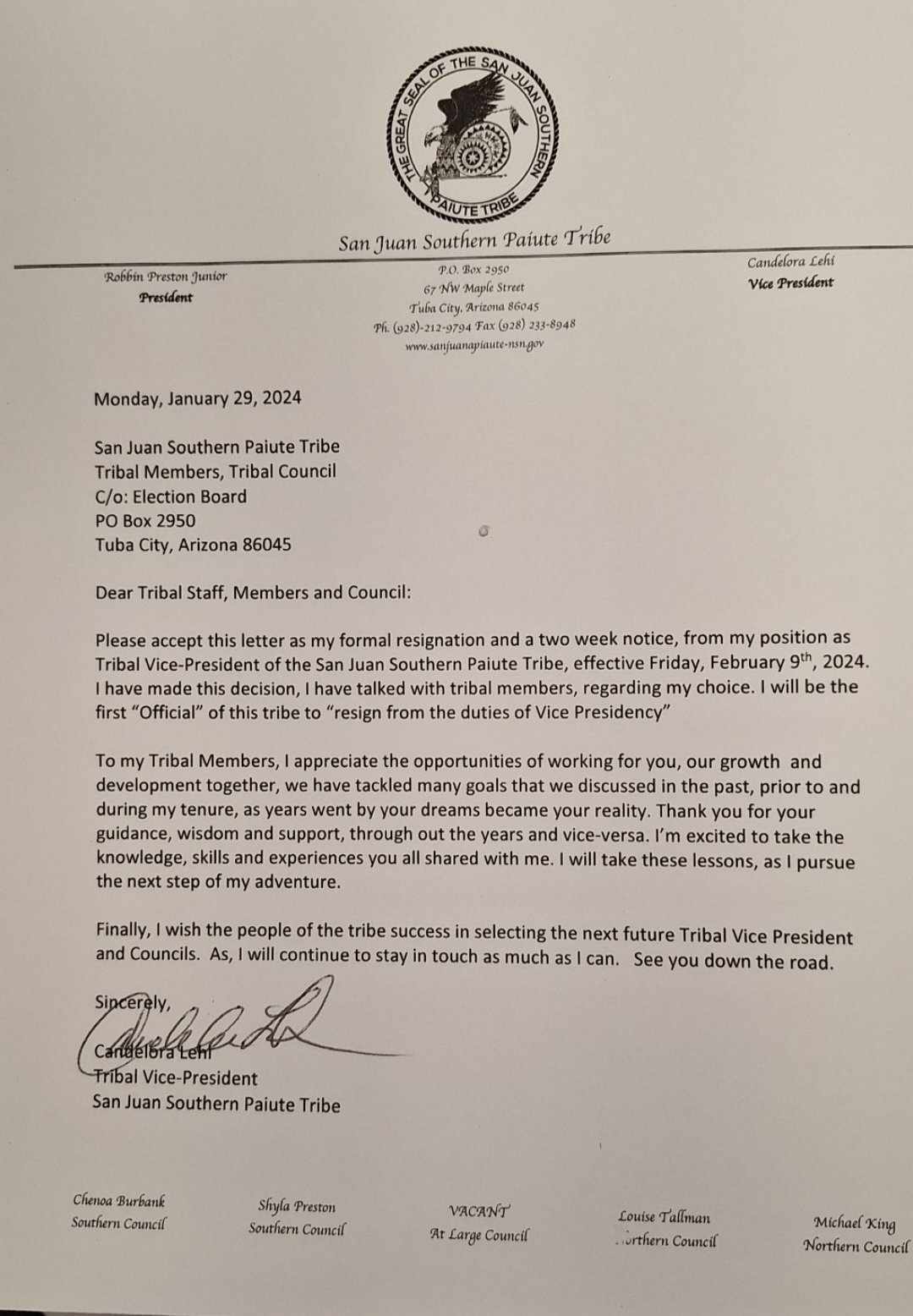 Resignation Notice | Vice President Lehi | San Juan Southern Paiute Tribe
