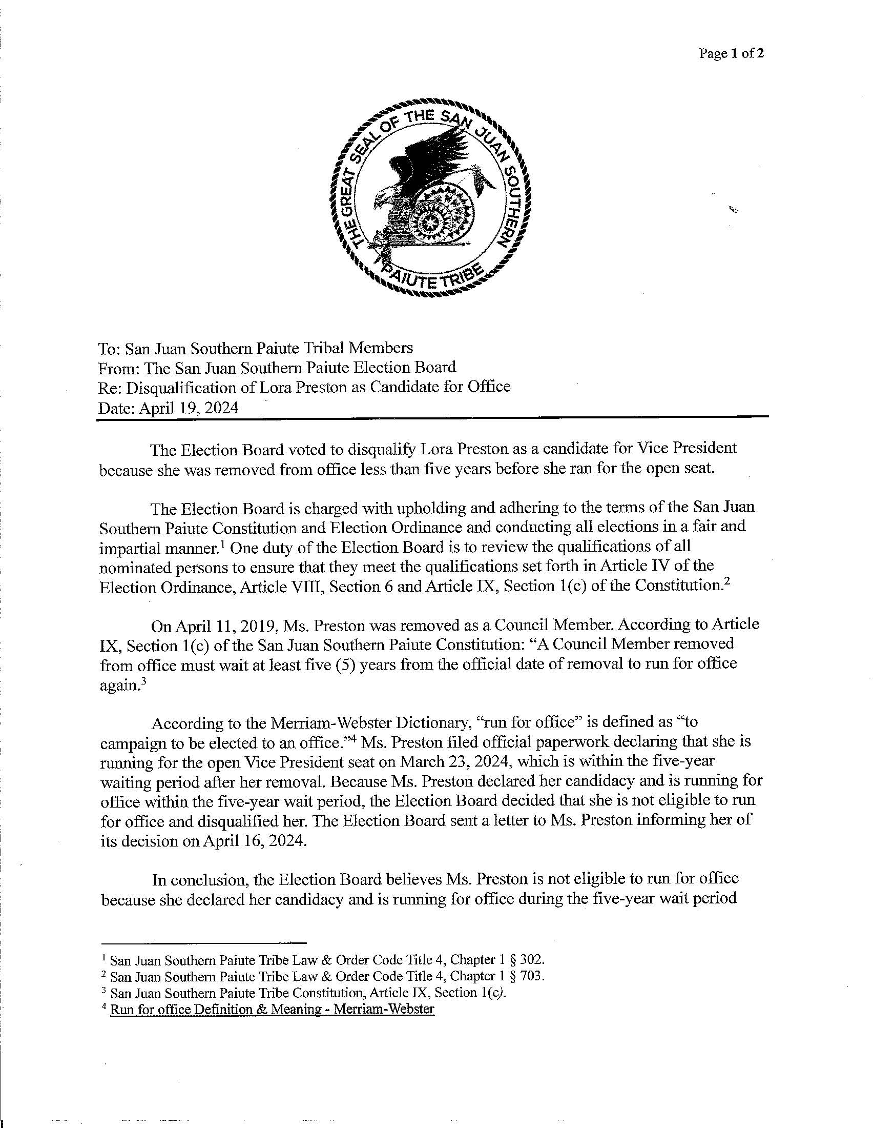 Disqualification as Candidate for April 27, 2024, Special Election ...