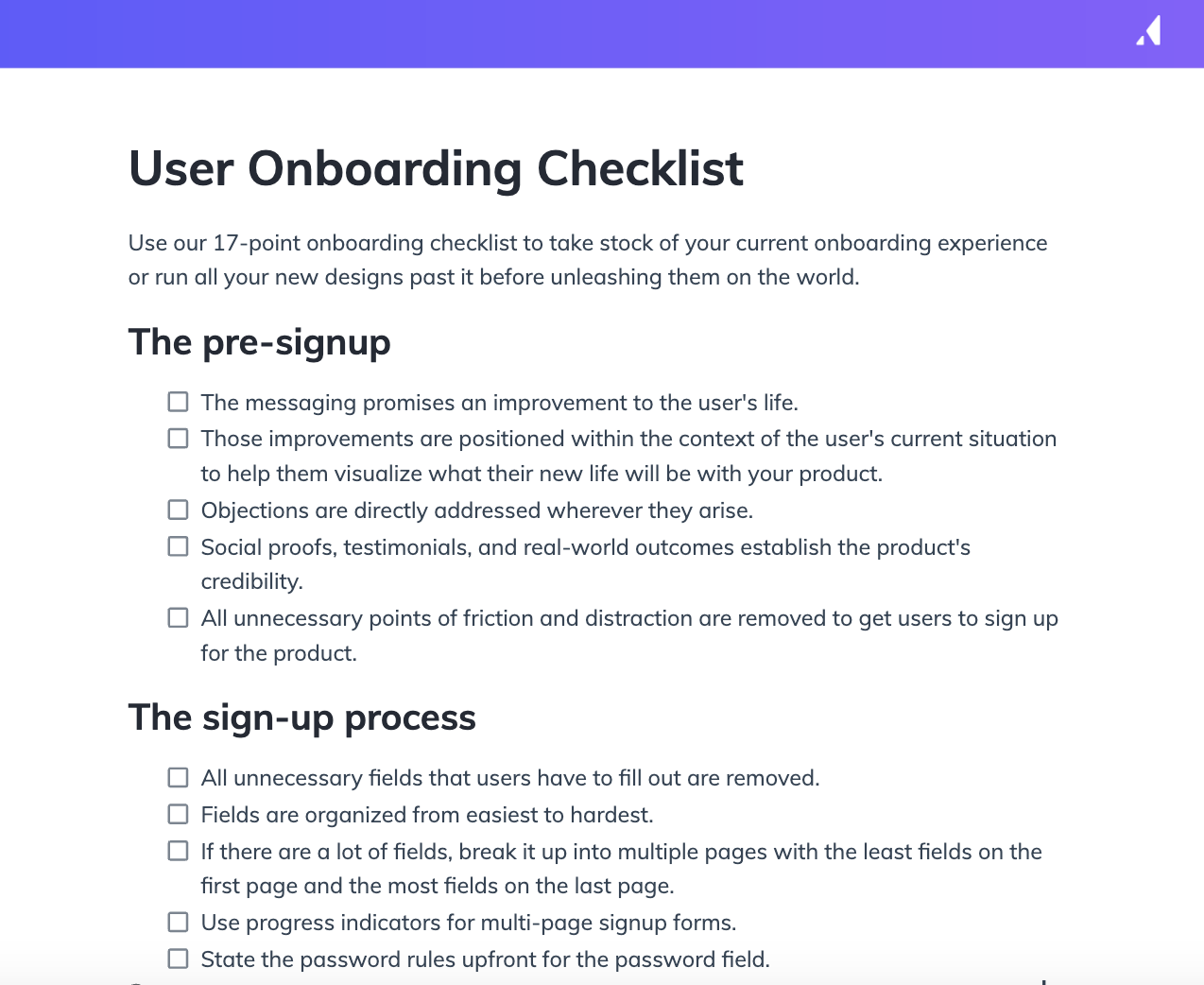 User onboarding checklist