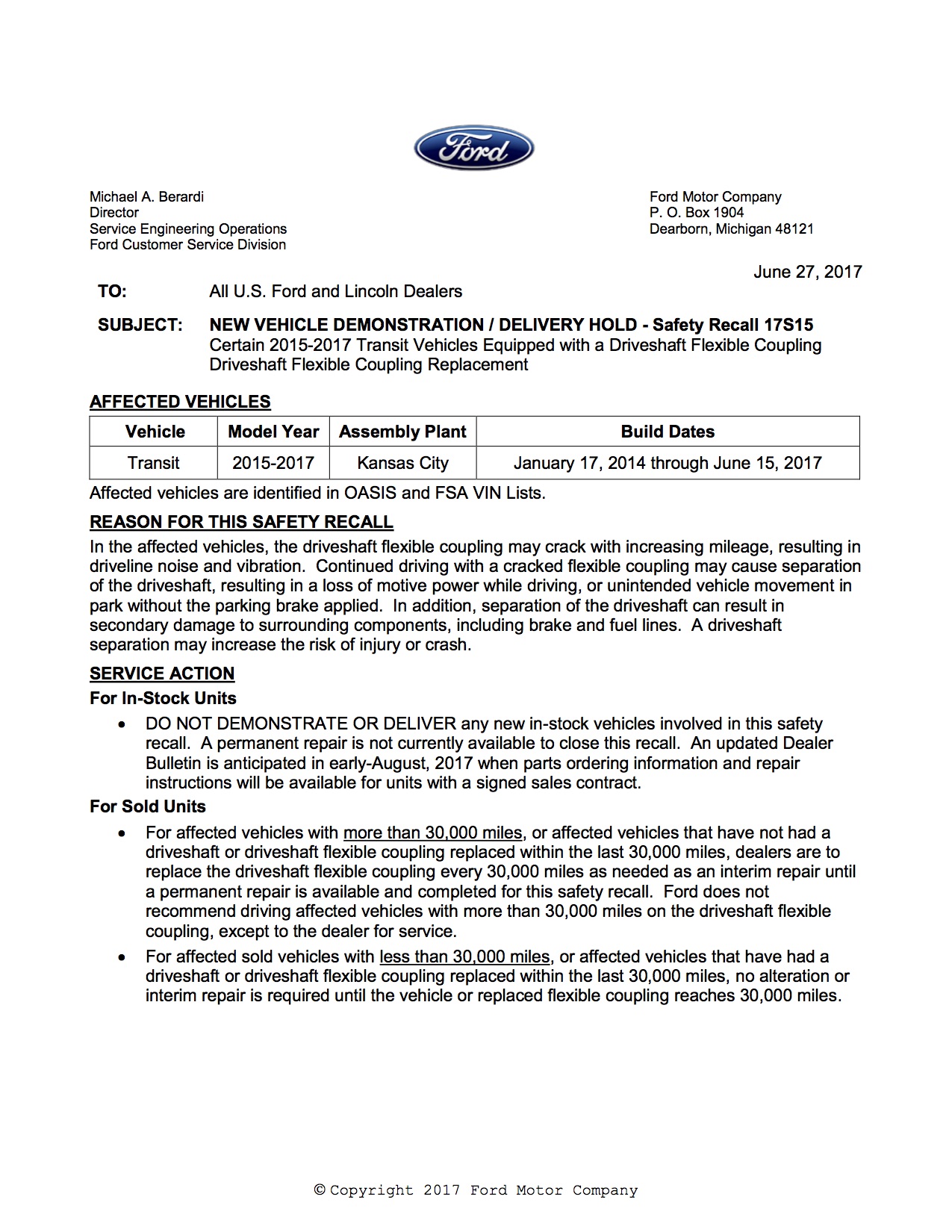 LARGE RECALL NOTICE – 2015-2017 Ford Transit Vans/Chassis Cabs/Cutaways