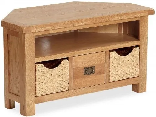 SAN REMO - Natural Oak Corner TV Unit with Baskets, 105cm with Storage ...