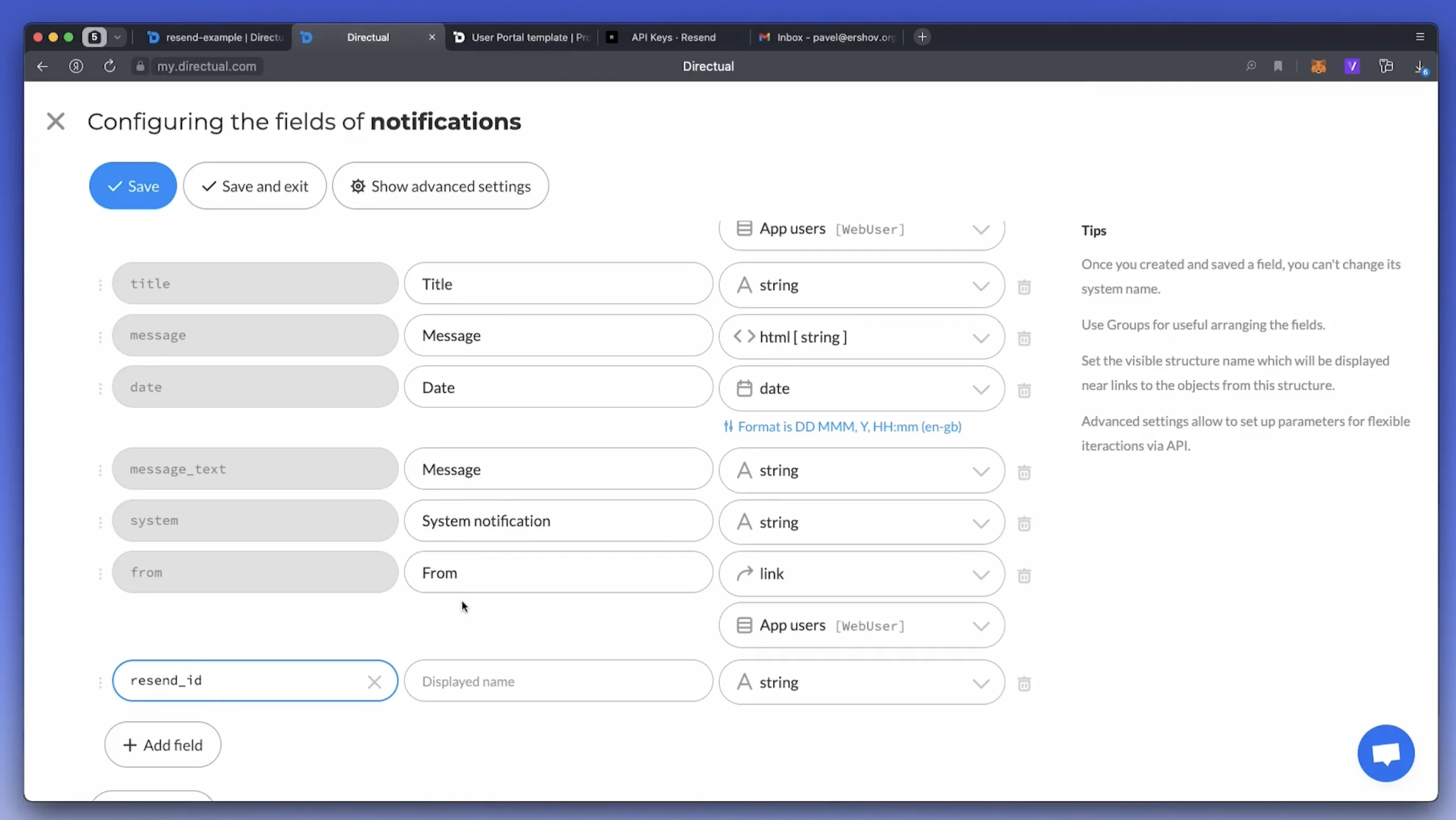 Setting up emails with Resend for the Basic template | Directual.com