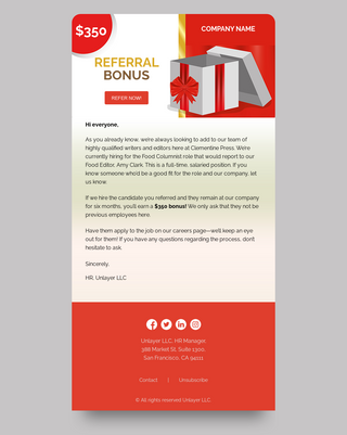 Employees Hiring Referral Bonus Email Template | Unlayer