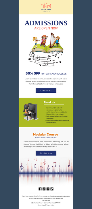Music School Admission Promotion Email Template | Unlayer