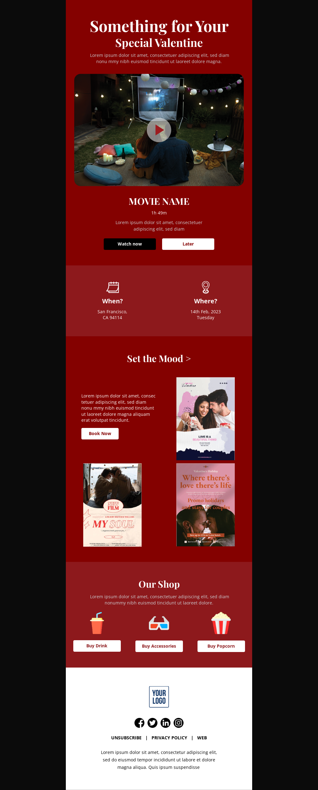 Valentine’s Movie Night Email Template | Unlayer