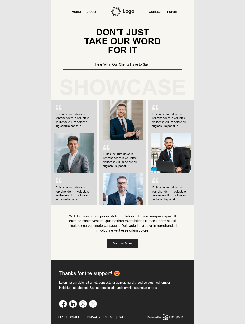 Testimonial Showcase Email Template | Unlayer