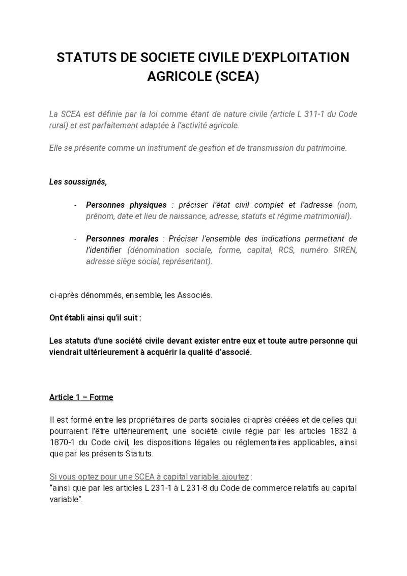 Statuts Société Civile d'exploitation Agricole : modèle à télécharger