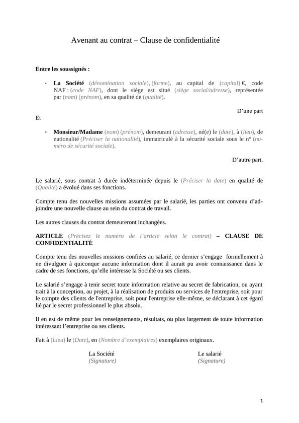 Avenant au contrat Clause de confidentialité : modèle à télécharger