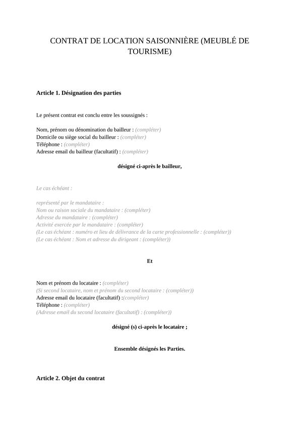 Contrat de location saisonnière : modèle gratuit à télécharger