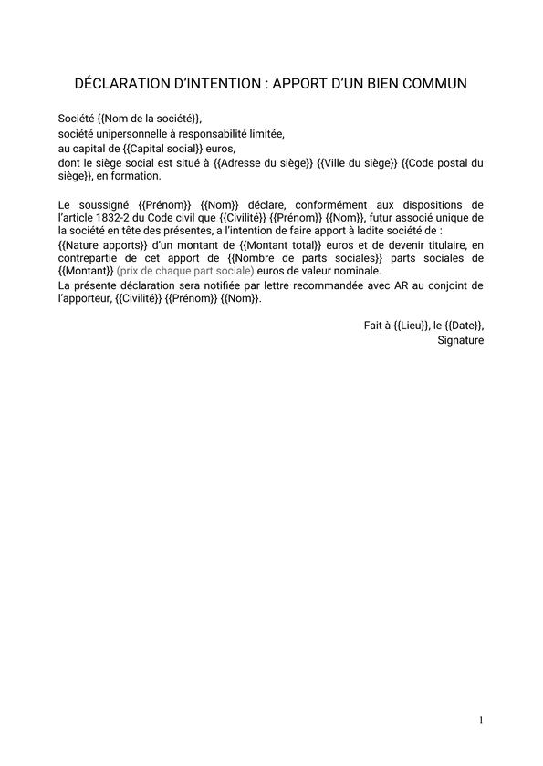 Déclaration d’intention : apport d’un bien commun : modèle