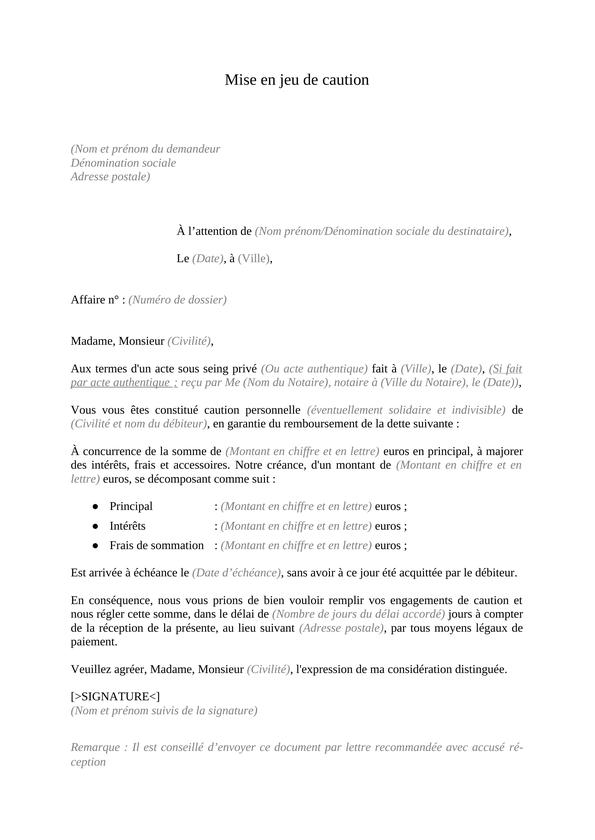 Mise en jeu de la caution personne physique : modèle gratuit