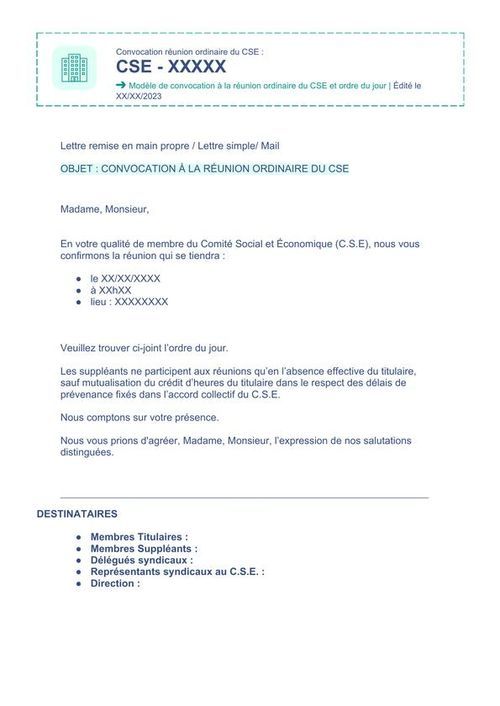 Modèle de convocation à la réunion ordinaire du CSE et ordre du jour ...